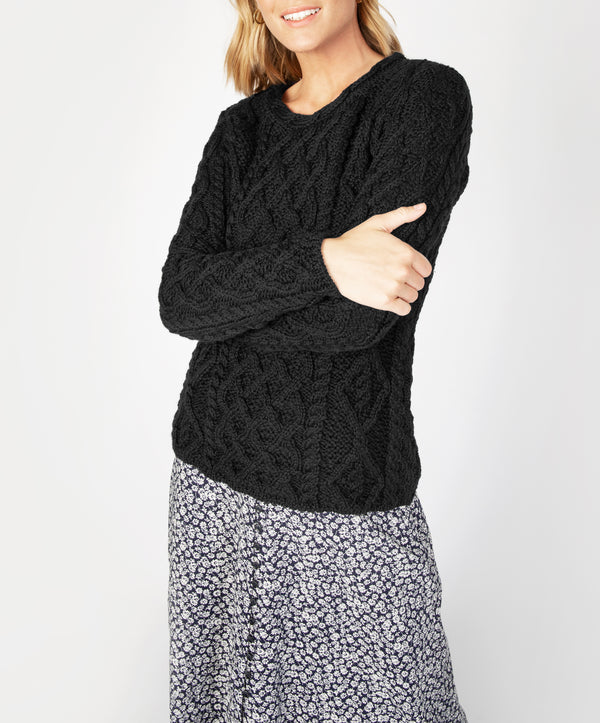 Womens Lambay Lattice Cable Aran Sweater in Dark Night - IrelandsEye ...