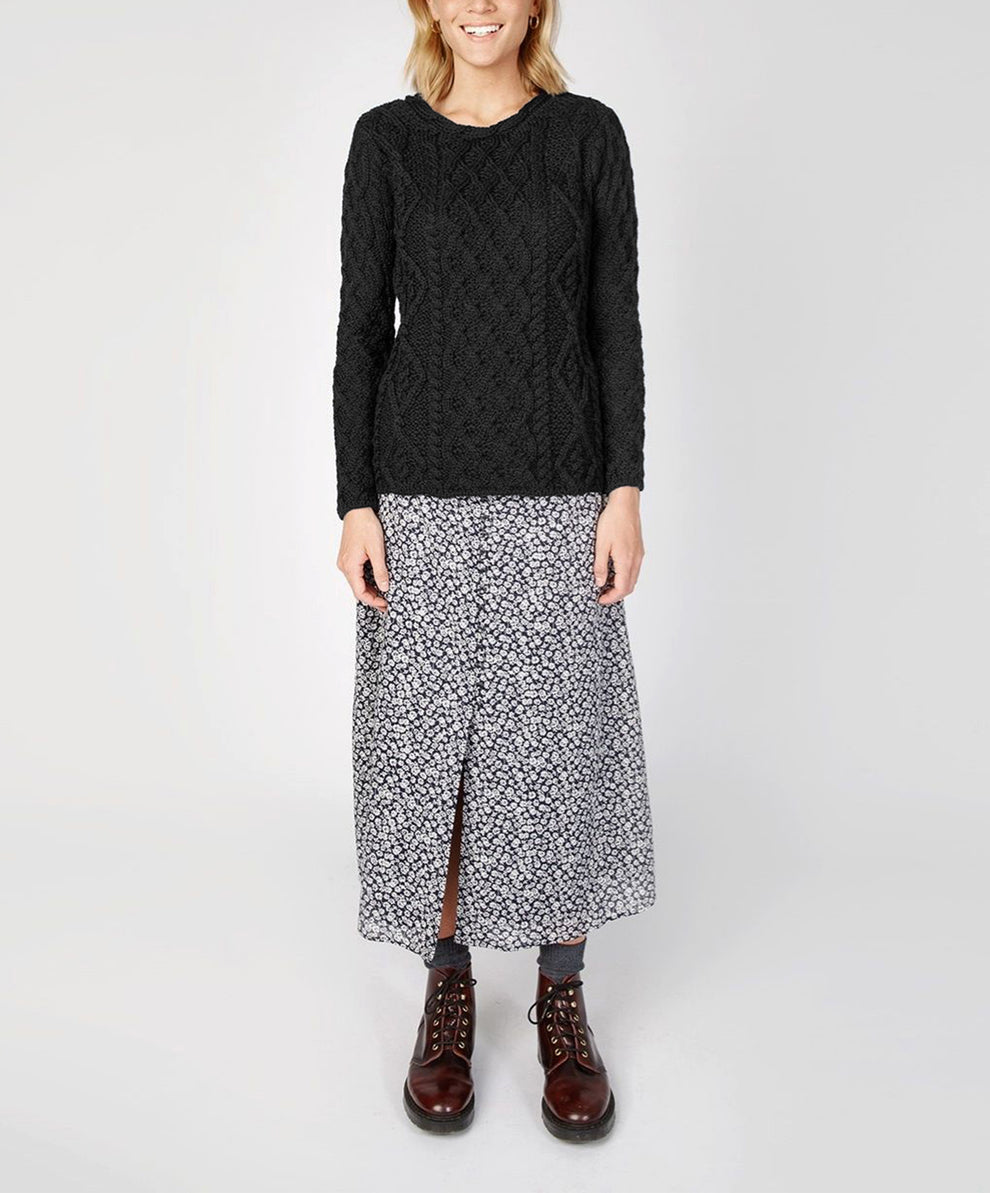 Womens Lambay Lattice Cable Aran Sweater in Dark Night - IrelandsEye ...