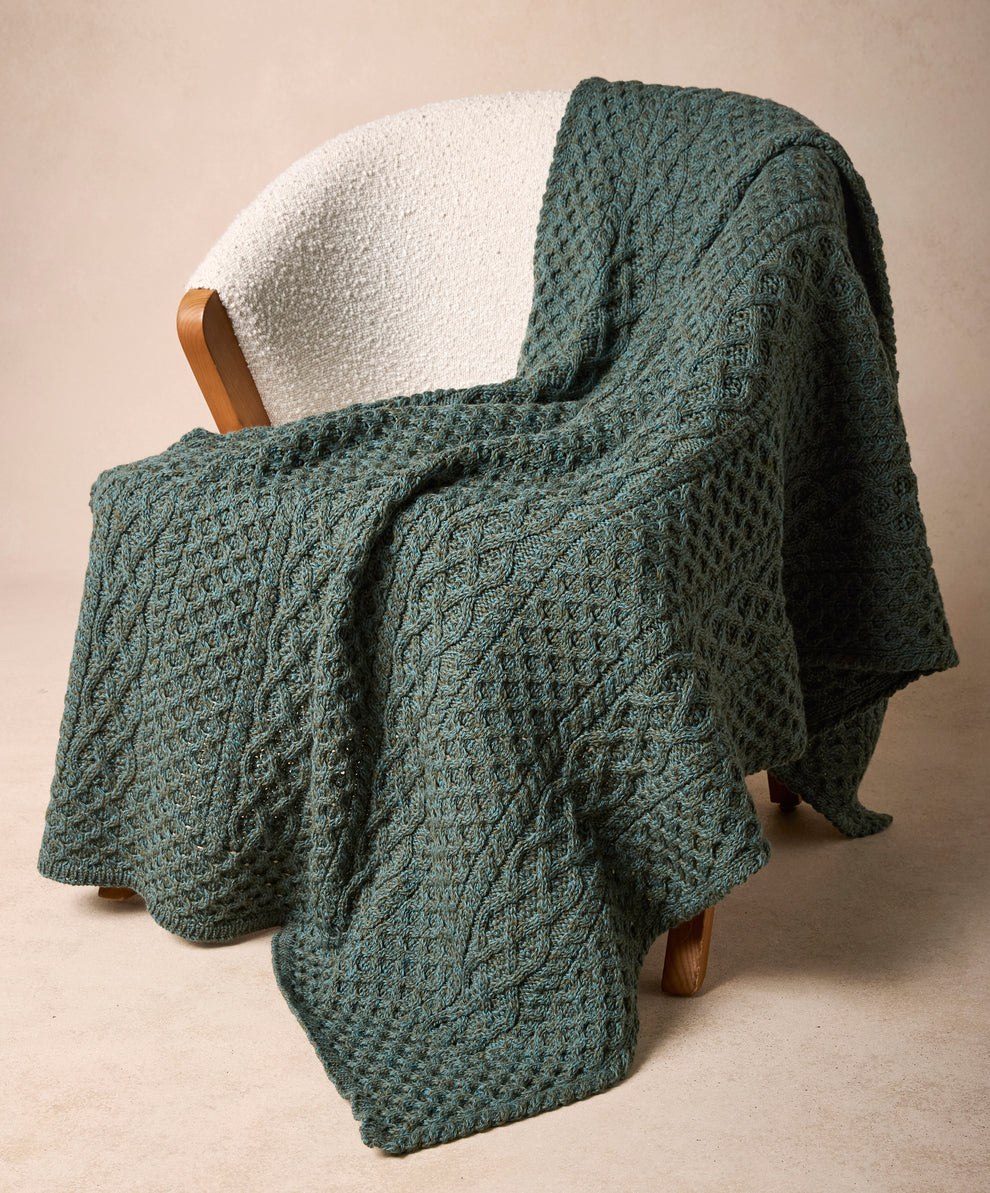 Knitted Aran Woolen Throw - Fern Marl- IrelandsEye Knitwear