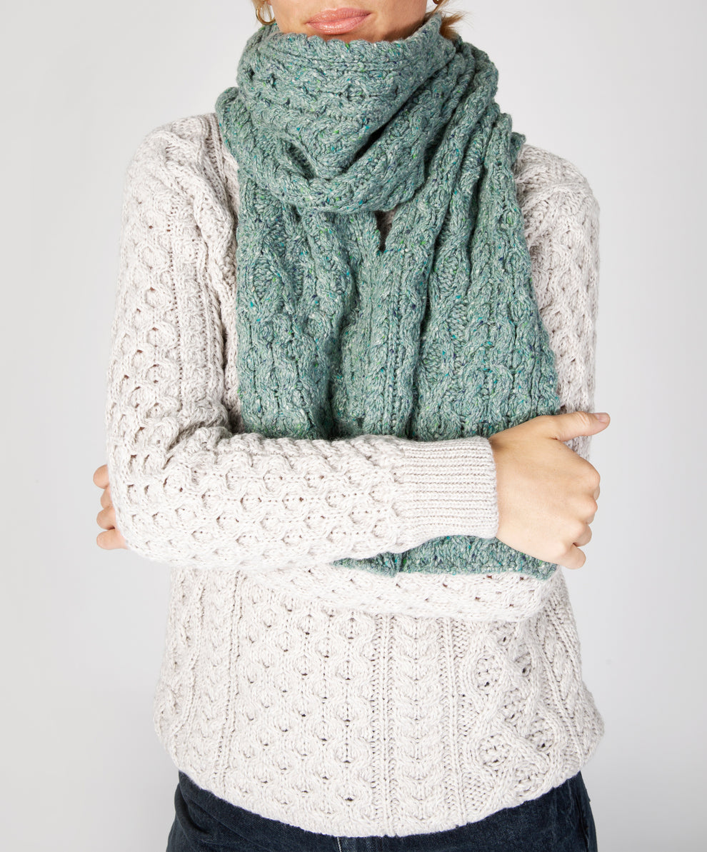 Unisex Luxe Aran Knit Woolen Scarf in Ocean Mist - IrelandsEye Knitwear
