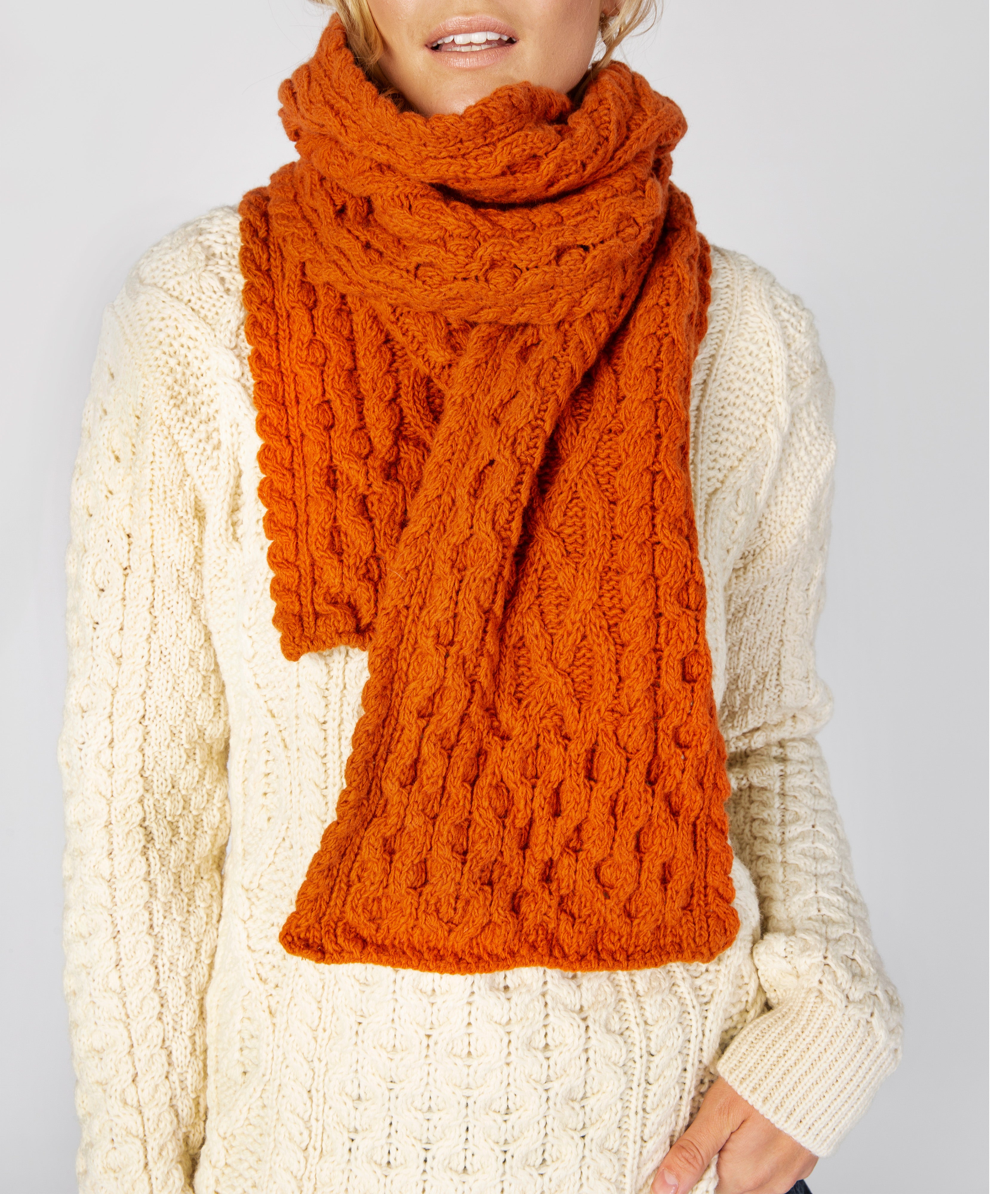 Unisex Luxe Aran Knit Woolen Scarf in Terracotta - IrelandsEye Knitwear