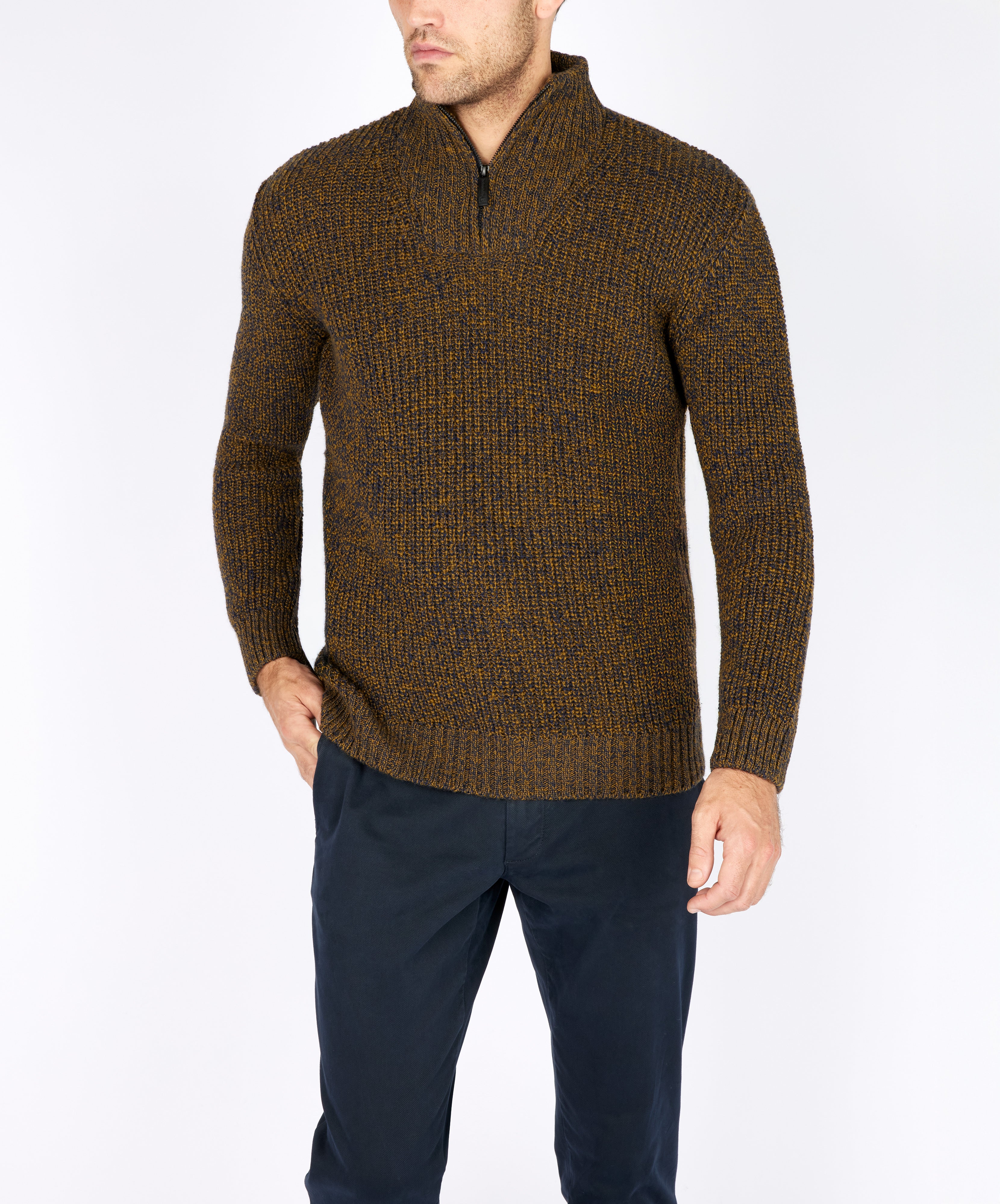 Mens Reefer Ribbed Zip Neck Sweater Desert Marl - IrelandsEye Knitwear
