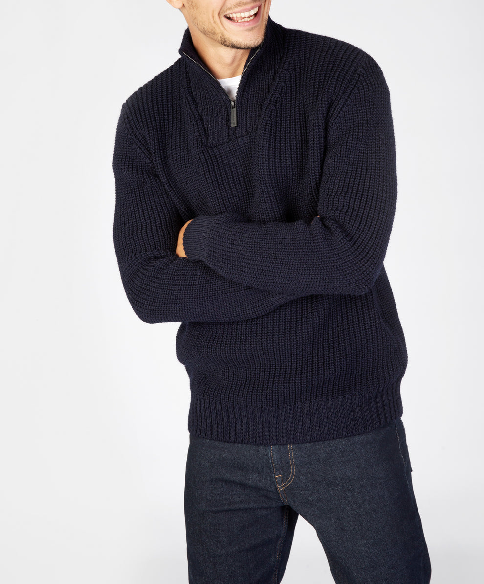 Mens Reefer Ribbed Zip Neck Sweater in Navy - IrelandsEye Knitwear