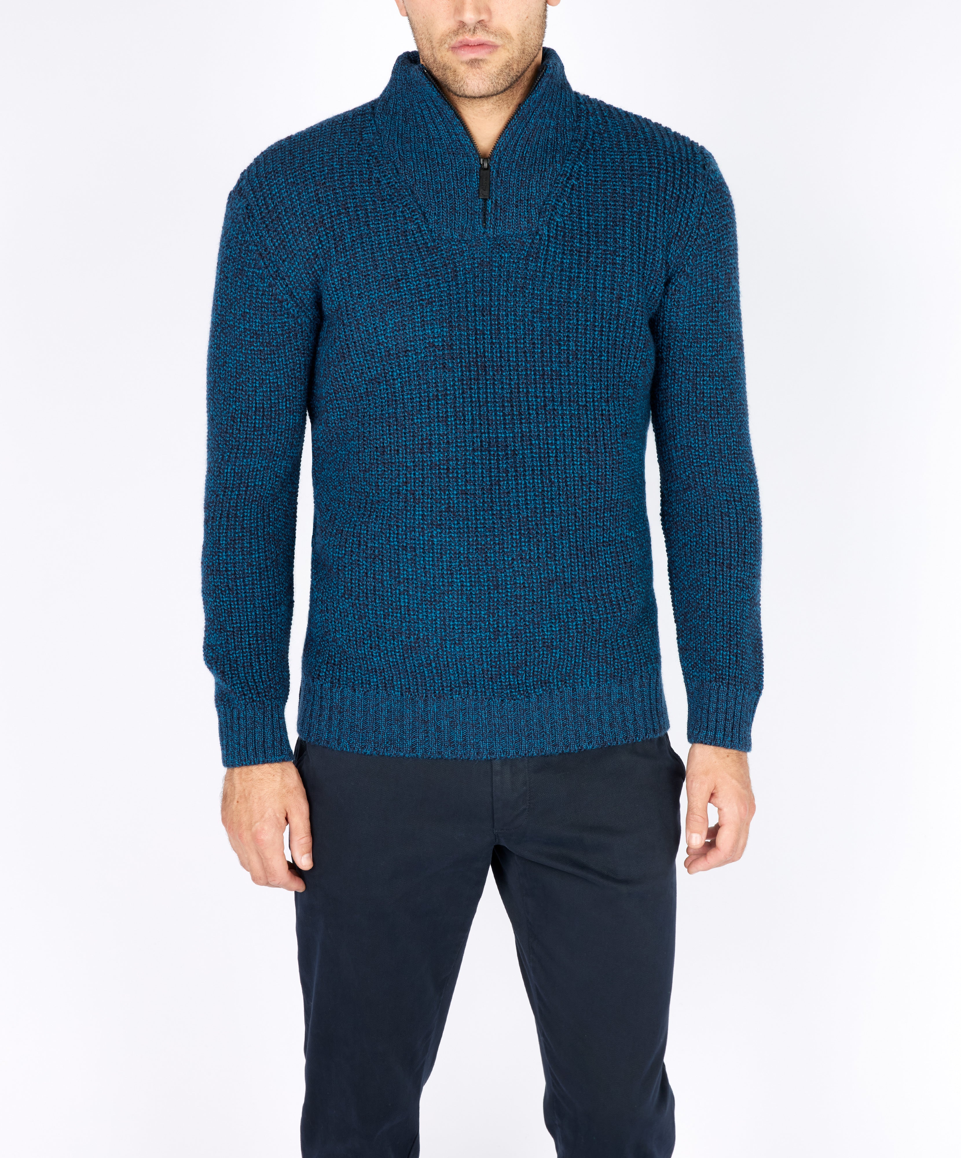 Mens Reefer Ribbed Zip Neck Sweater Petrol Marl - IrelandsEye Knitwear