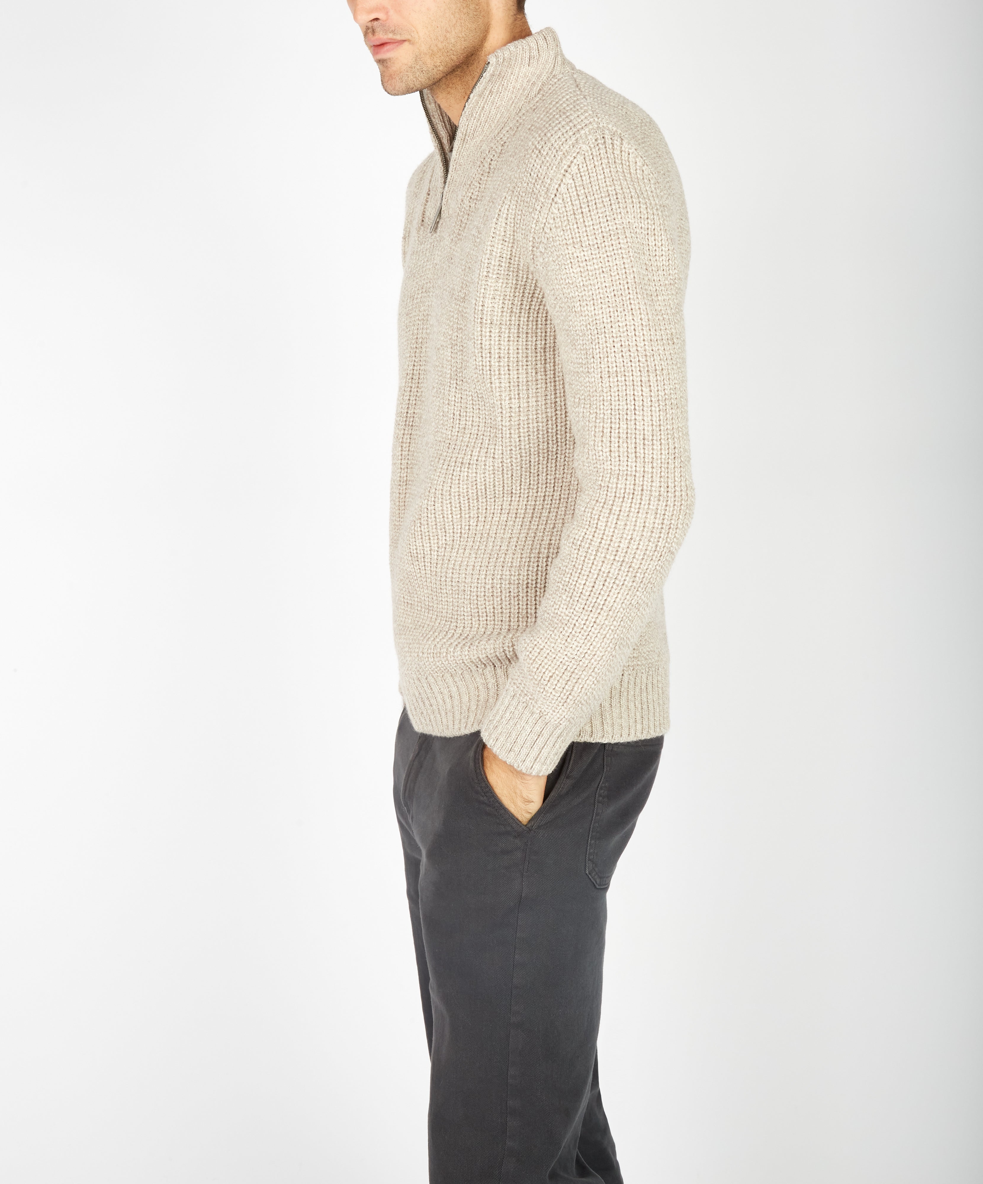 Mens Reefer Ribbed Zip Neck Sweater Stone Marl - IrelandsEye Knitwear