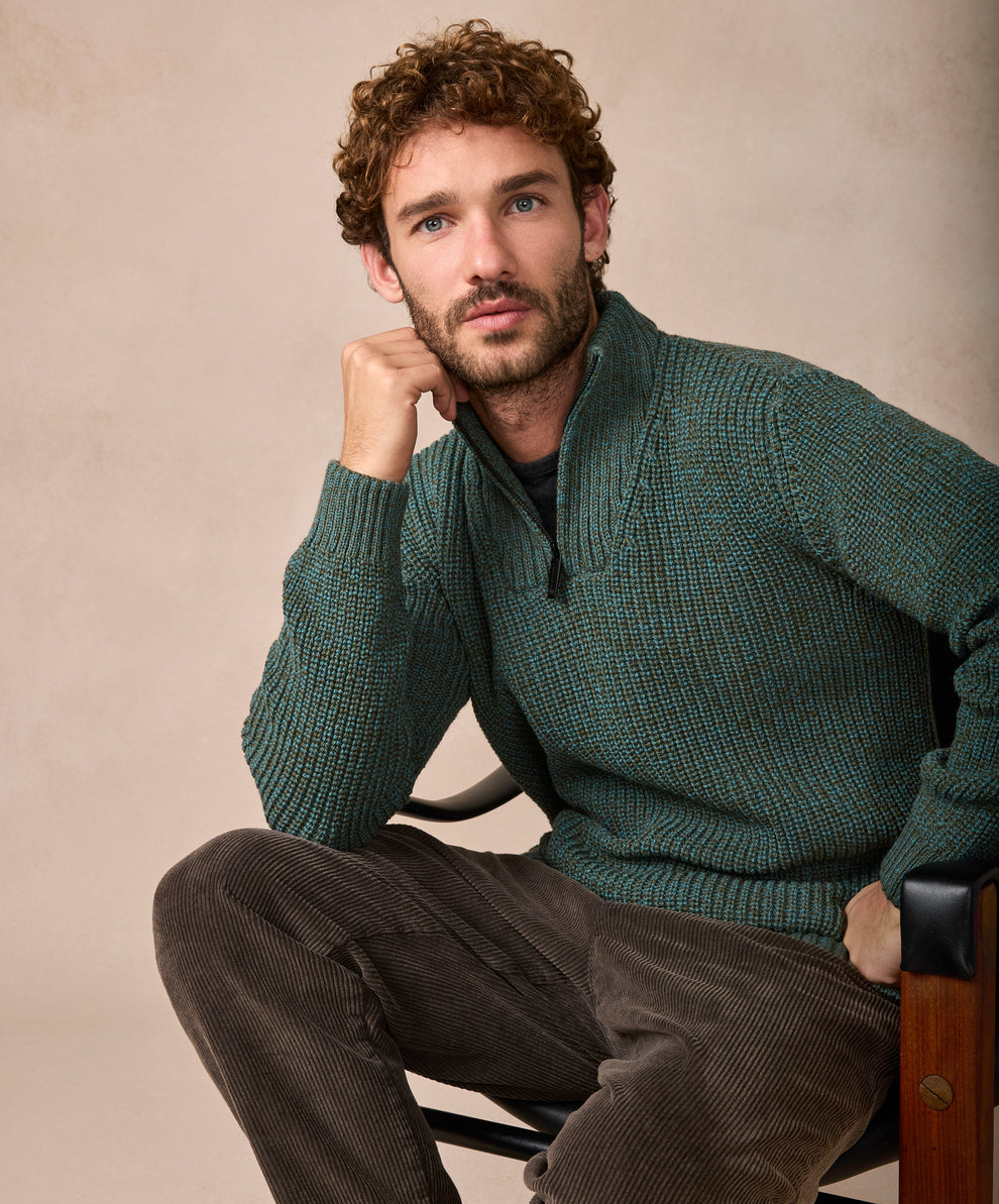 Mens Reefer Ribbed Zip Neck Sweater Fern Marl - IrelandsEye Knitwear
