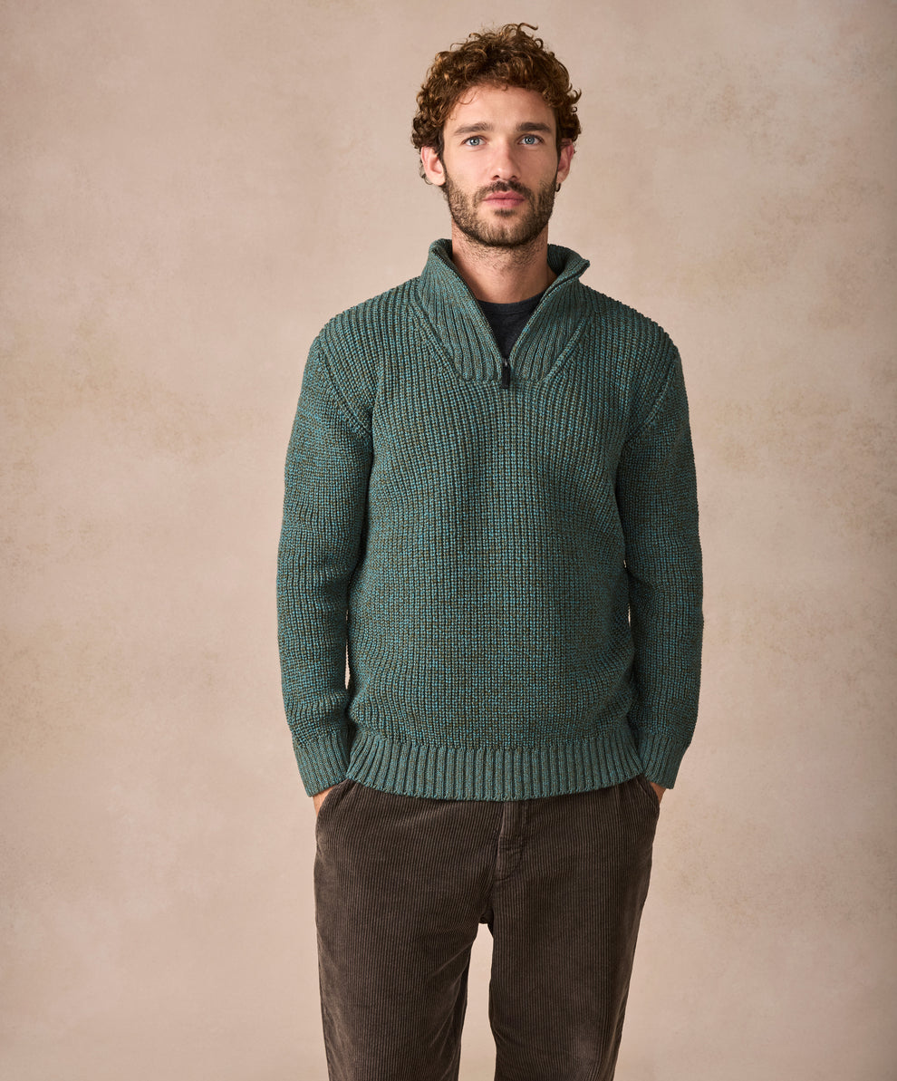 Mens Reefer Ribbed Zip Neck Sweater Fern Marl - IrelandsEye Knitwear