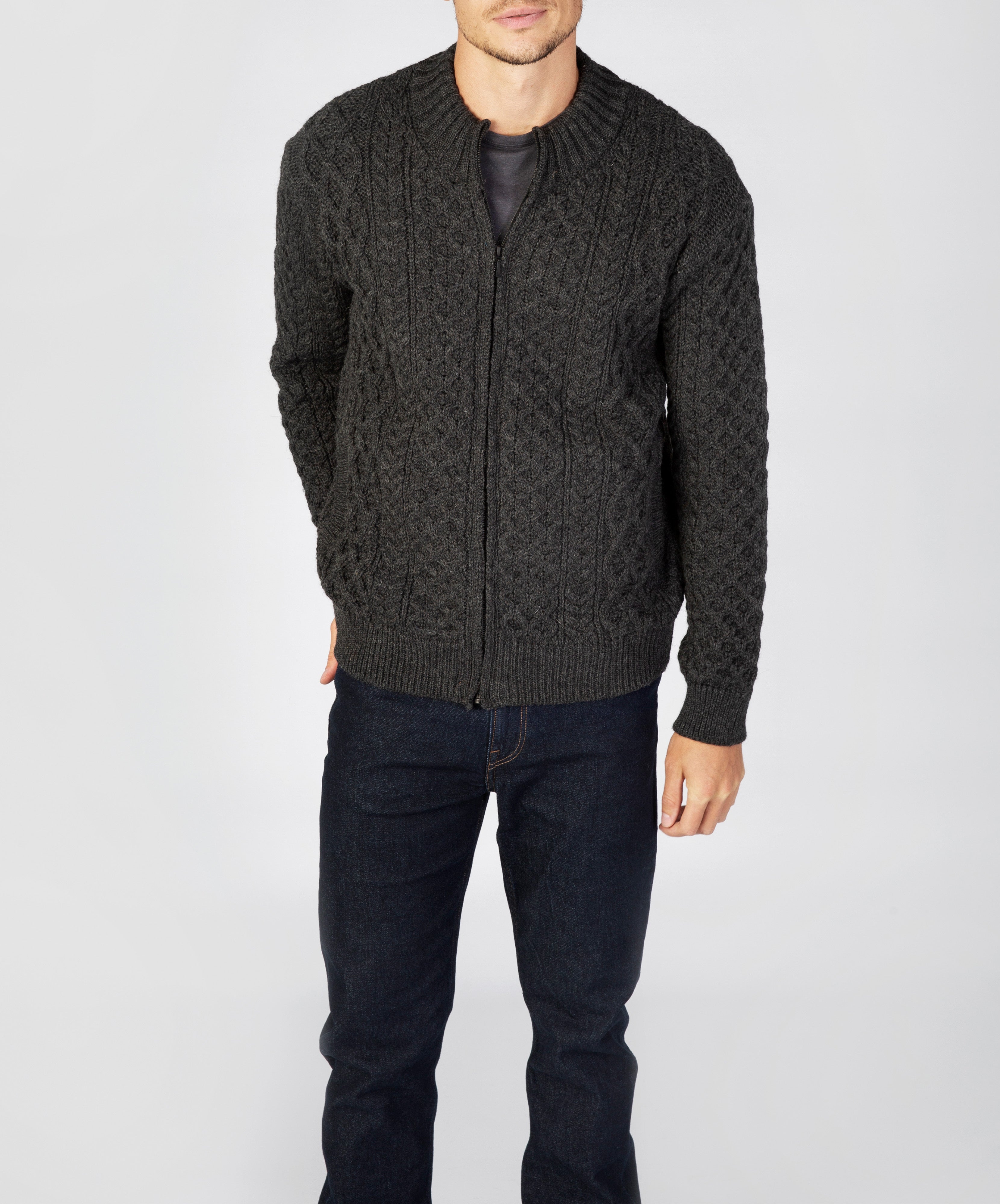 Mens Ardross Wool Aran Knit Cardigan in Graphite - IrelandsEye Knitwear