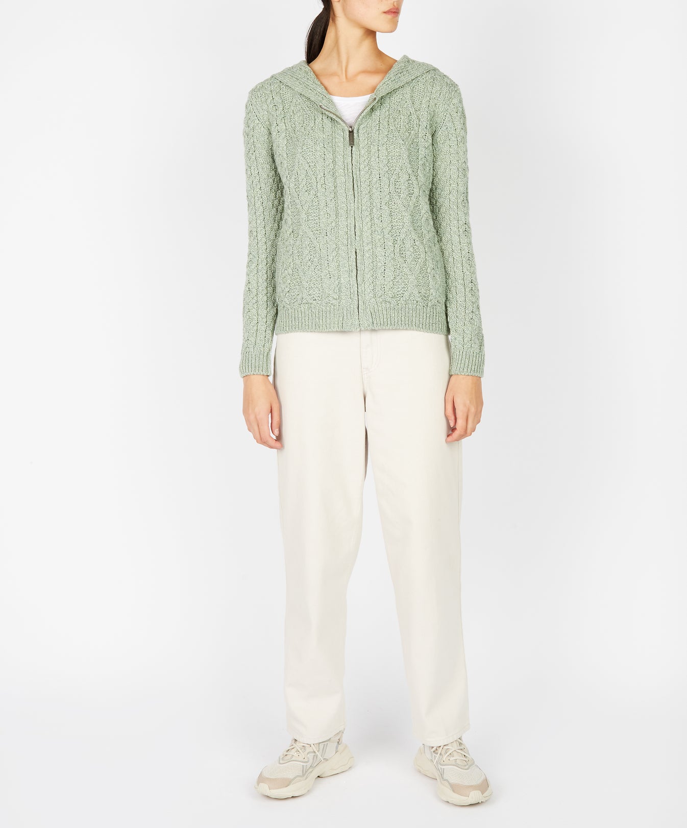 Womens Irish Aran Hooded Zip Jacket Sage Marl - IrelandsEye Knitwear