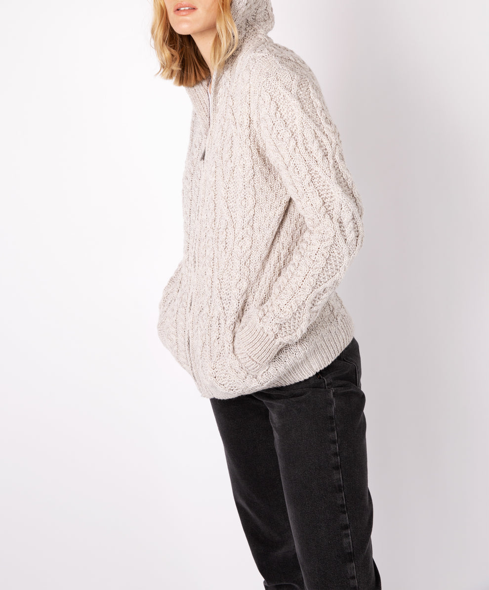 Womens Irish Aran Hooded Zip Jacket in Silver Marl - IrelandsEye Knitwear