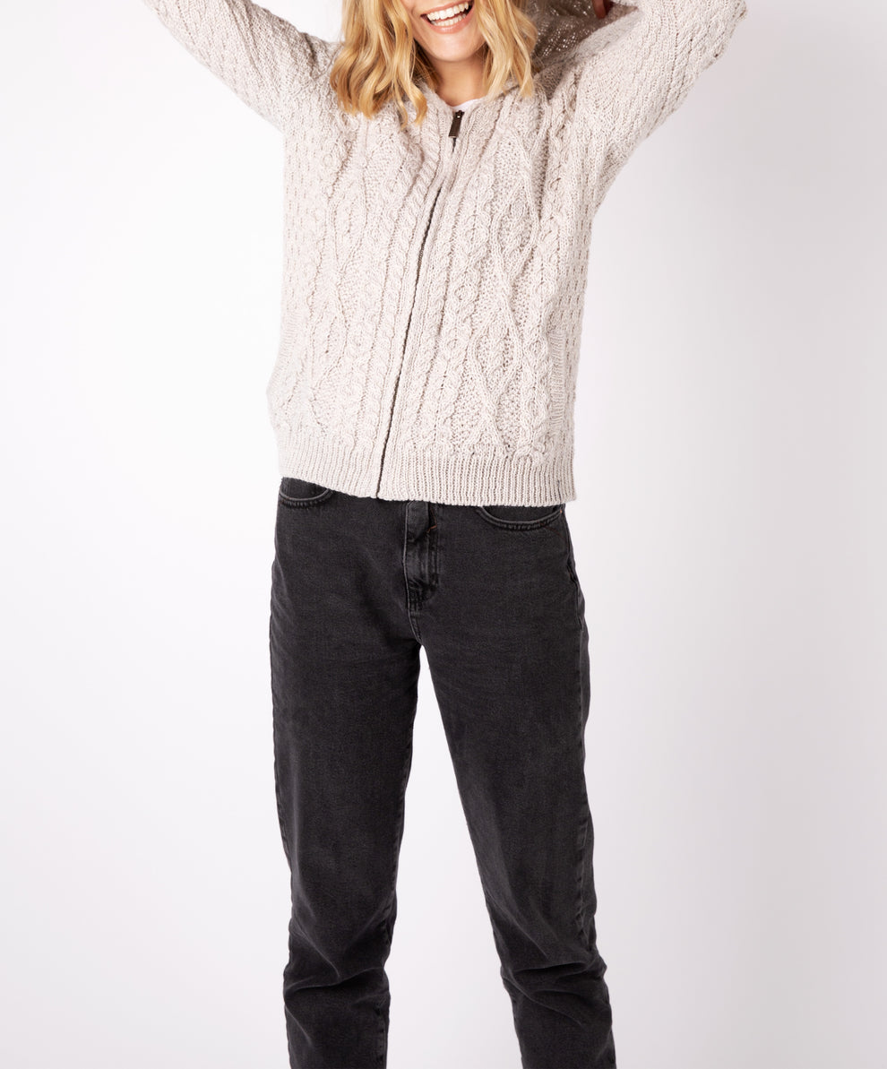 Womens Irish Aran Hooded Zip Jacket in Silver Marl - IrelandsEye Knitwear