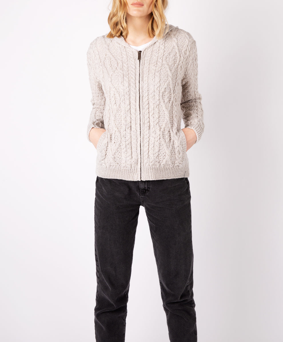 Womens Irish Aran Hooded Zip Jacket in Silver Marl - IrelandsEye Knitwear