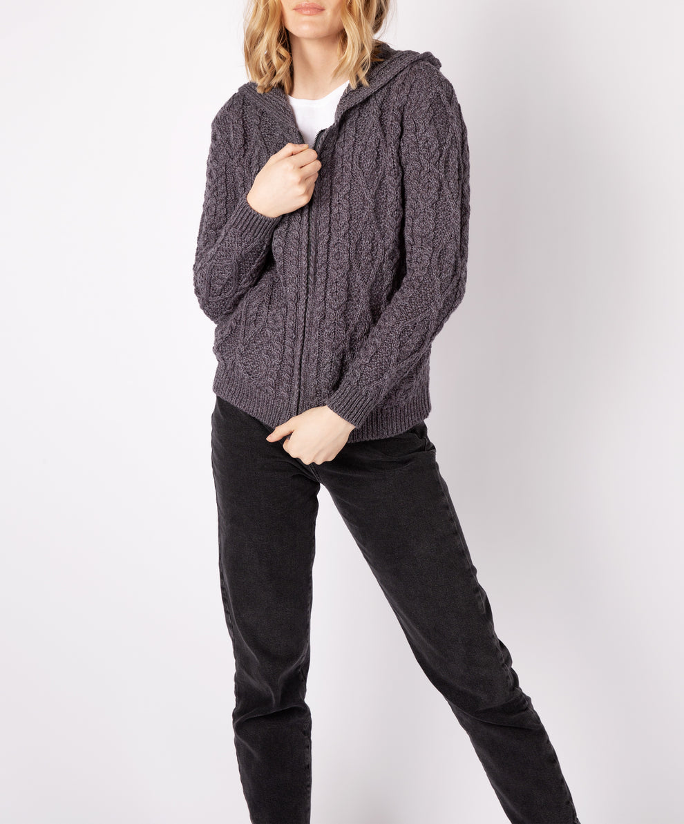 Womens Irish Aran Hooded Zip Jacket in Steel Marl - IrelandsEye Knitwear