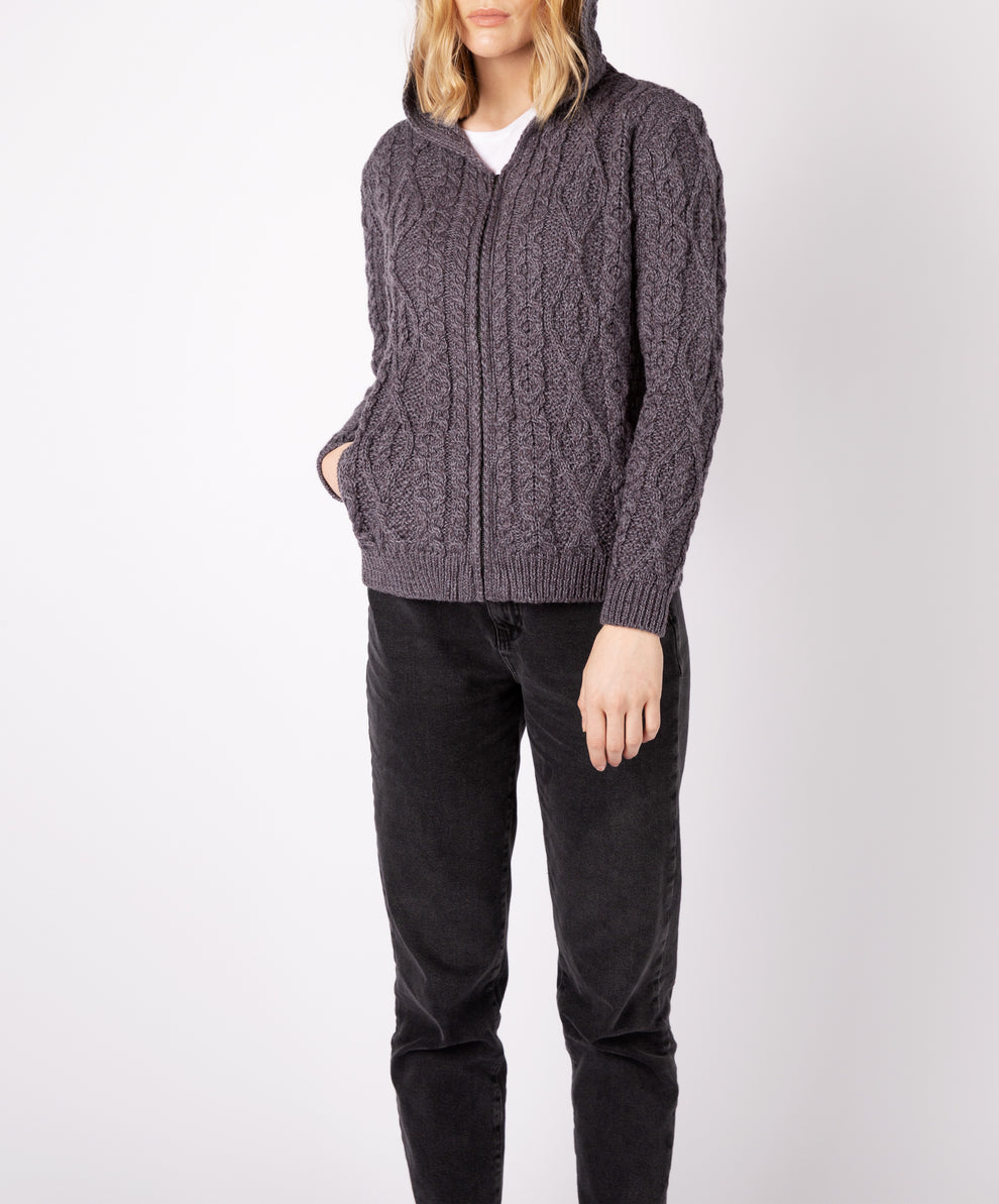 Womens Irish Aran Hooded Zip Jacket in Steel Marl - IrelandsEye Knitwear