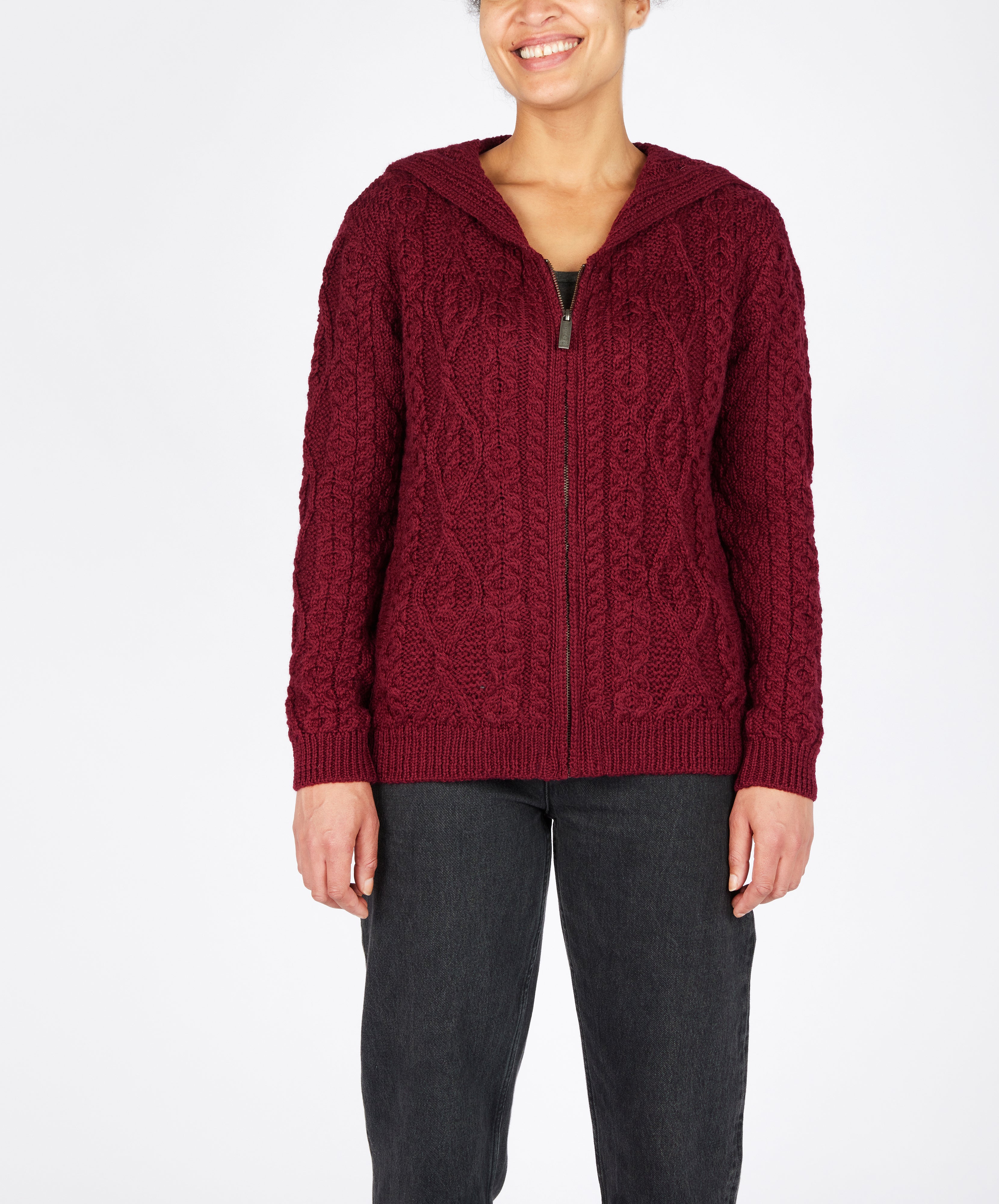 Womens Irish Aran Hooded Zip Jacket in Claret – IrelandsEye Knitwear