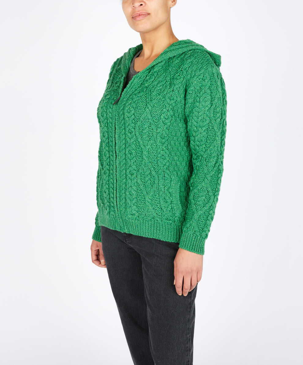 Womens Irish Aran Hooded Zip Jacket in Green Marl – IrelandsEye Knitwear