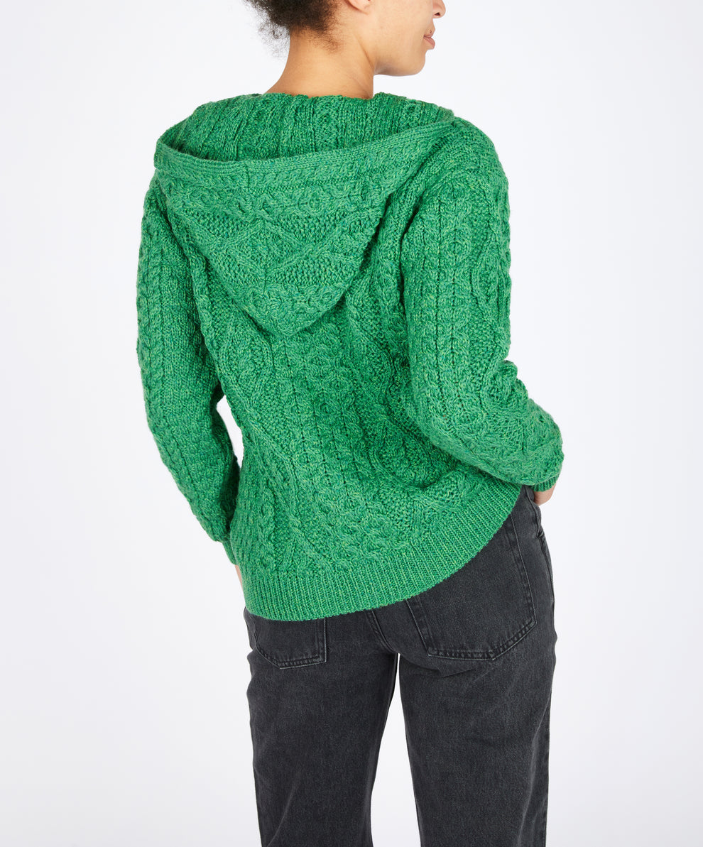 Womens Irish Aran Hooded Zip Jacket in Green Marl – IrelandsEye Knitwear