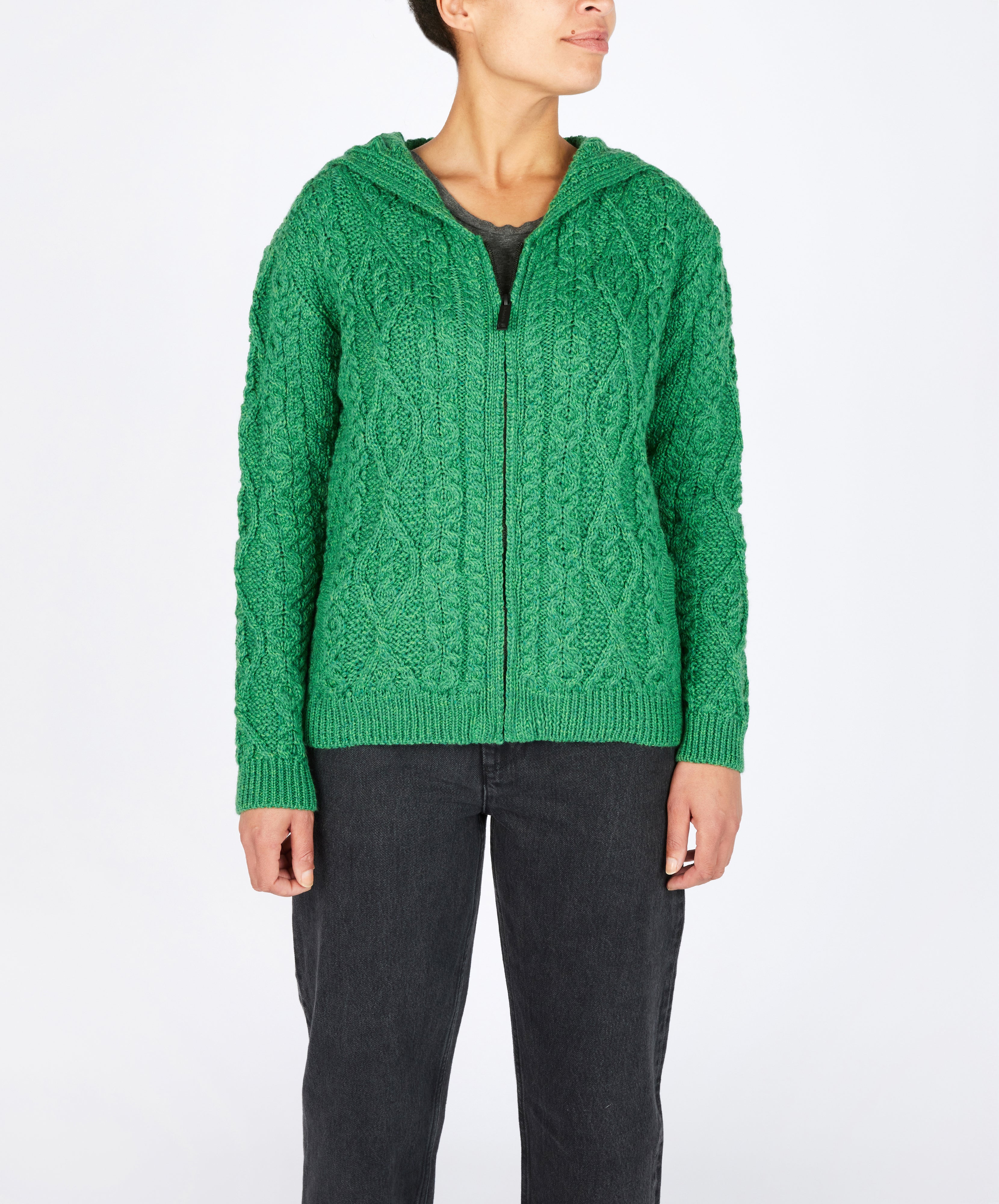 Womens Irish Aran Hooded Zip Jacket in Green Marl – IrelandsEye Knitwear