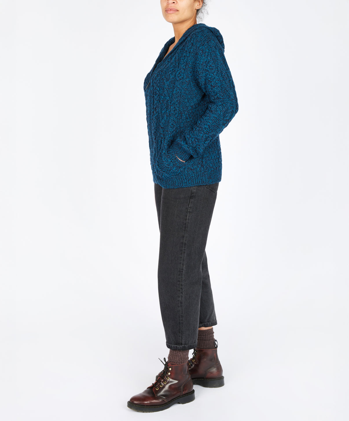 Womens Irish Aran Hooded Zip Jacket in Petrol Marl – IrelandsEye Knitwear