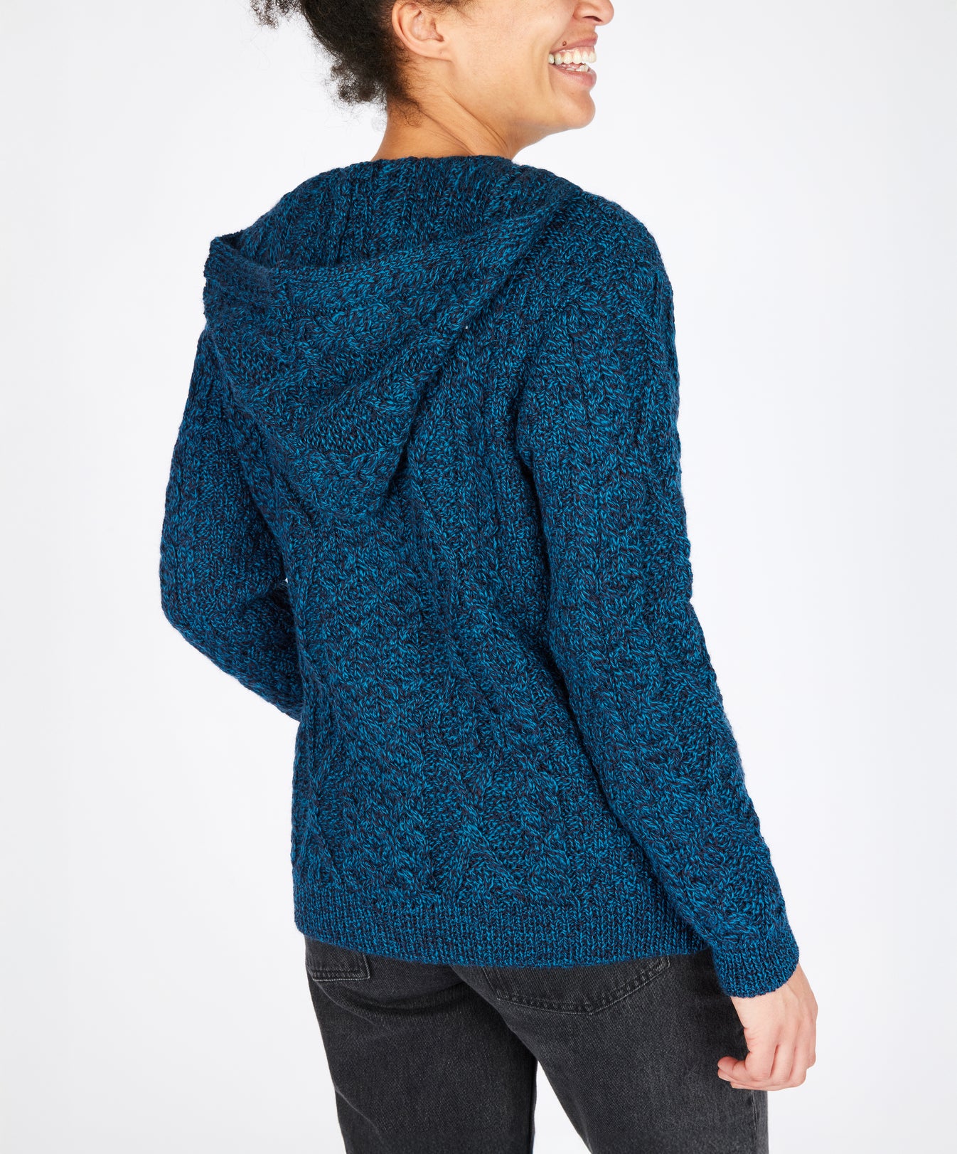 Womens Irish Aran Hooded Zip Jacket in Petrol Marl – IrelandsEye Knitwear