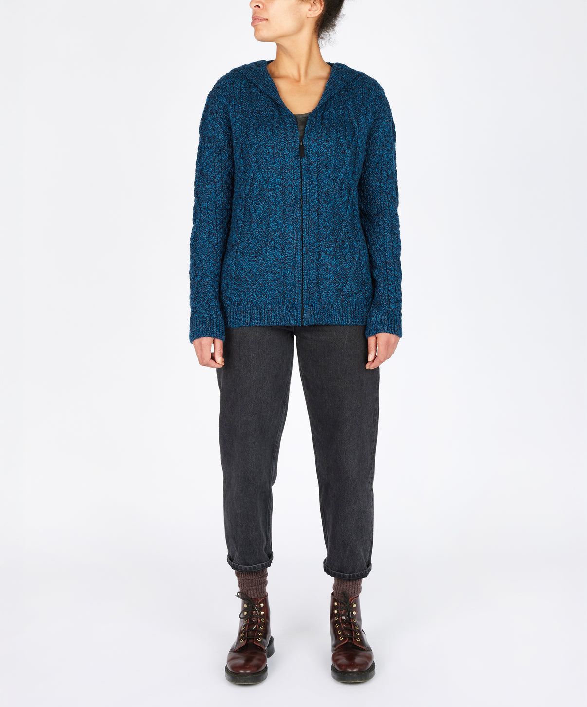 Womens Irish Aran Hooded Zip Jacket in Petrol Marl – IrelandsEye Knitwear
