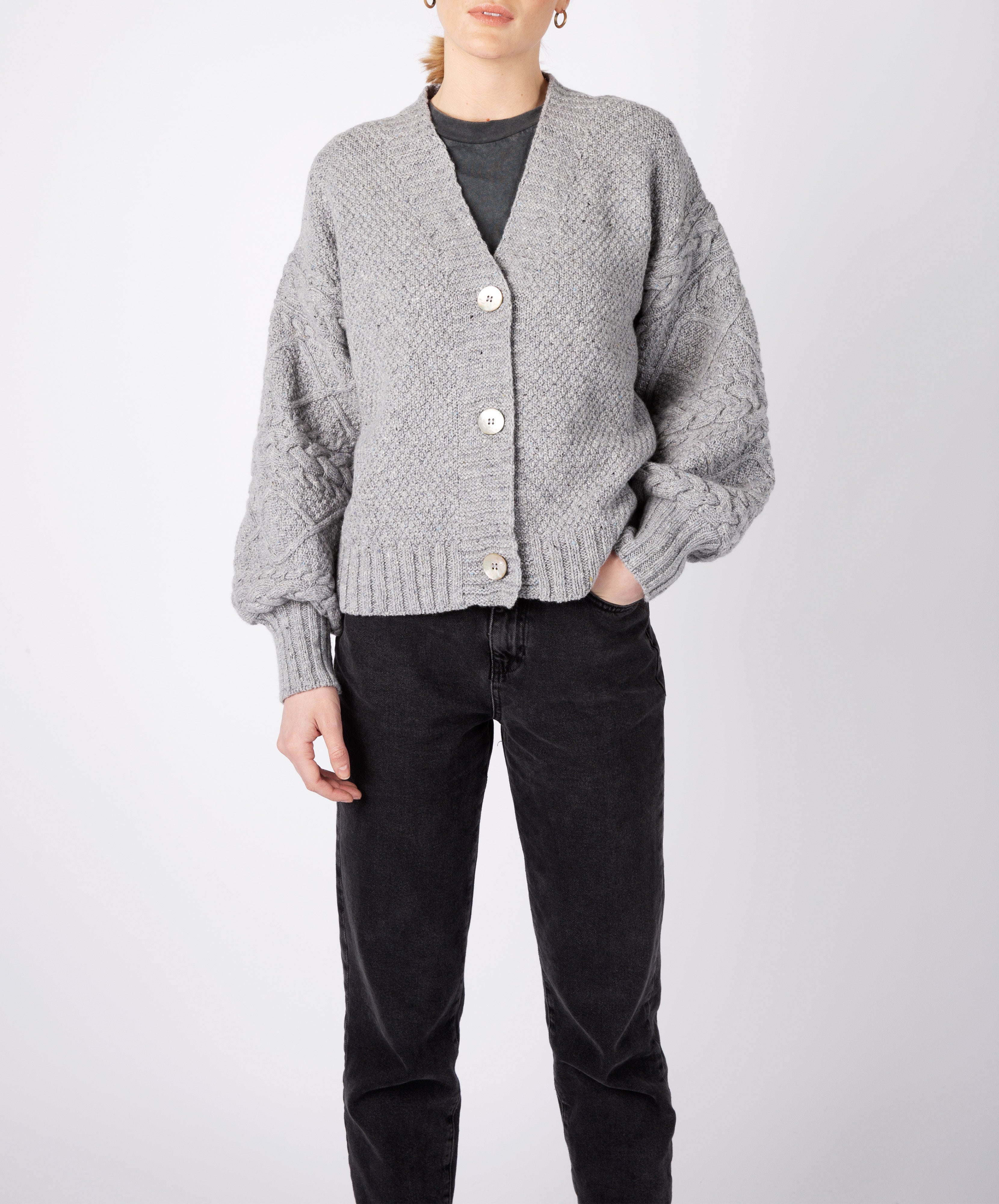 Womens Knitted 'Thistle' Cardigan in Pearl Grey - IrelandsEye Knitwear
