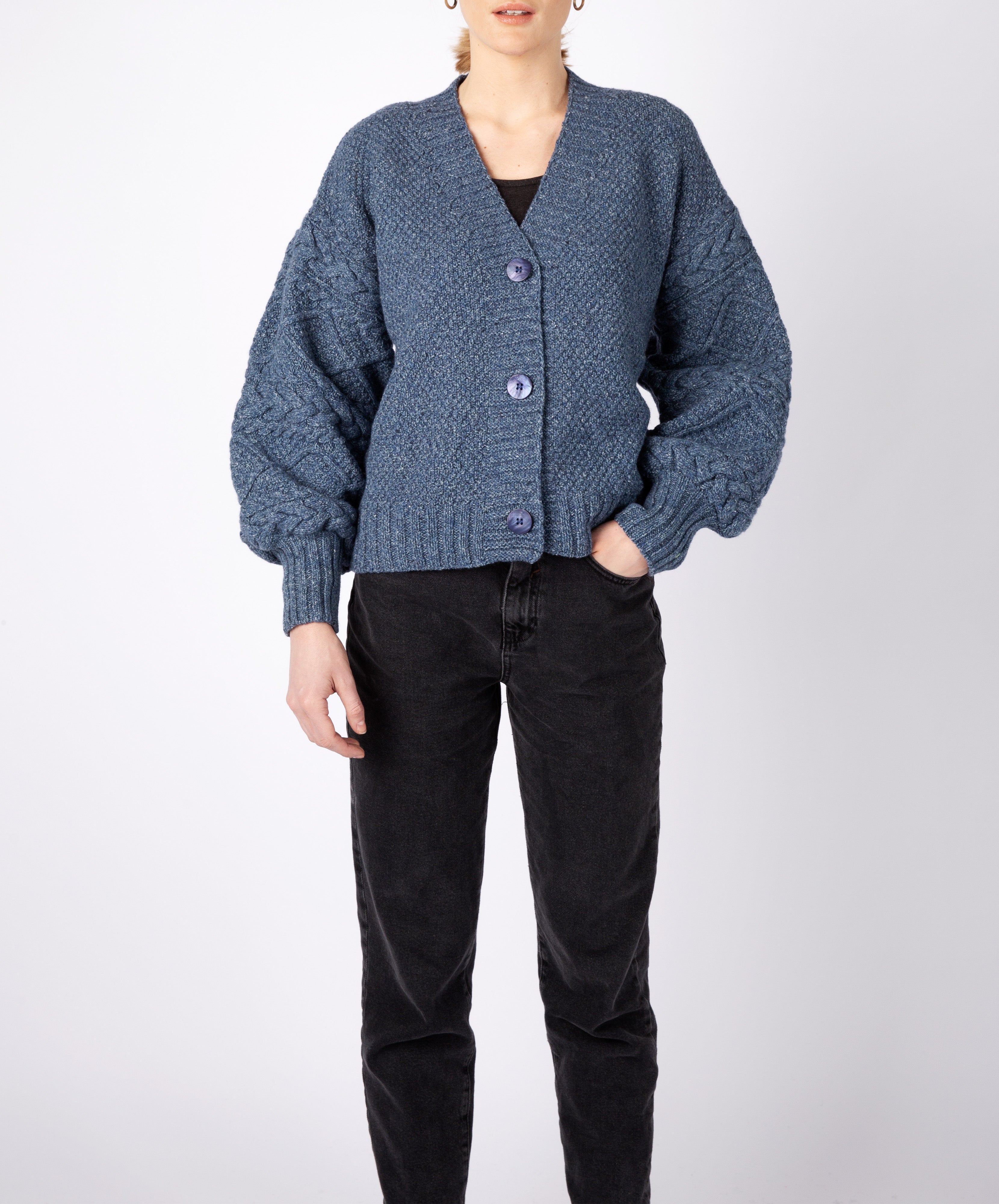 Womens Knitted 'Thistle' Cardigan in Sea Spray - IrelandsEye Knitwear