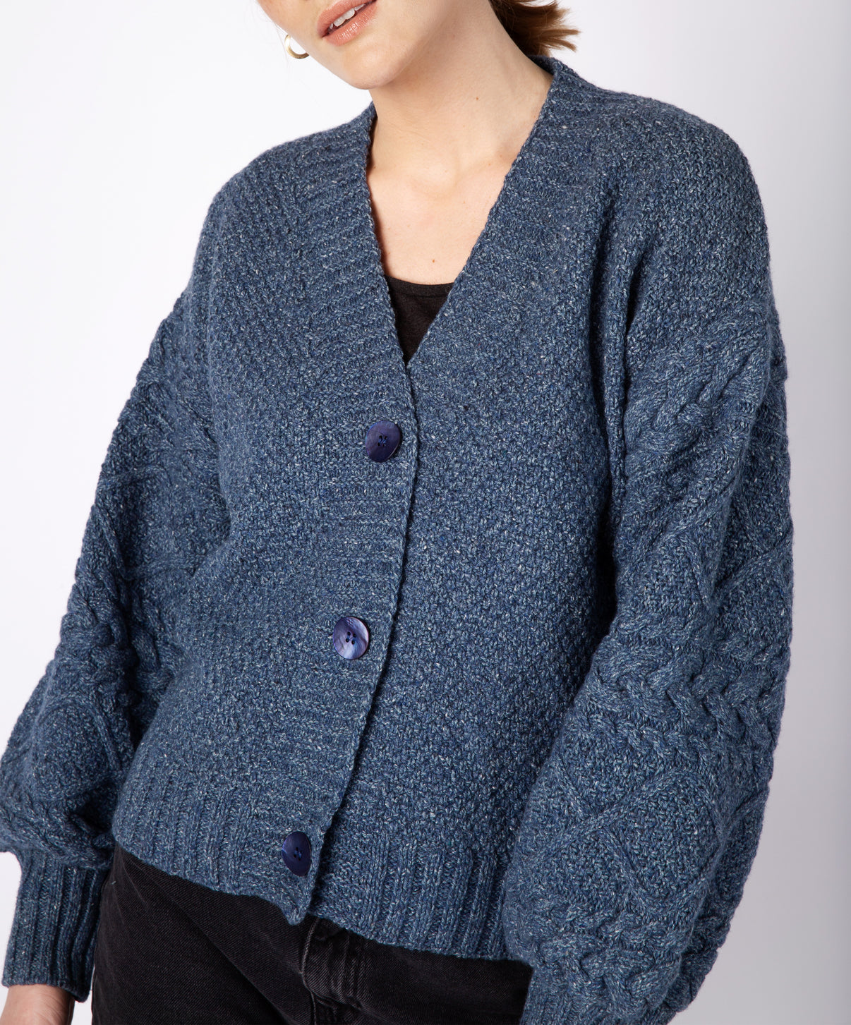 Womens Knitted 'Thistle' Cardigan in Sea Spray - IrelandsEye Knitwear