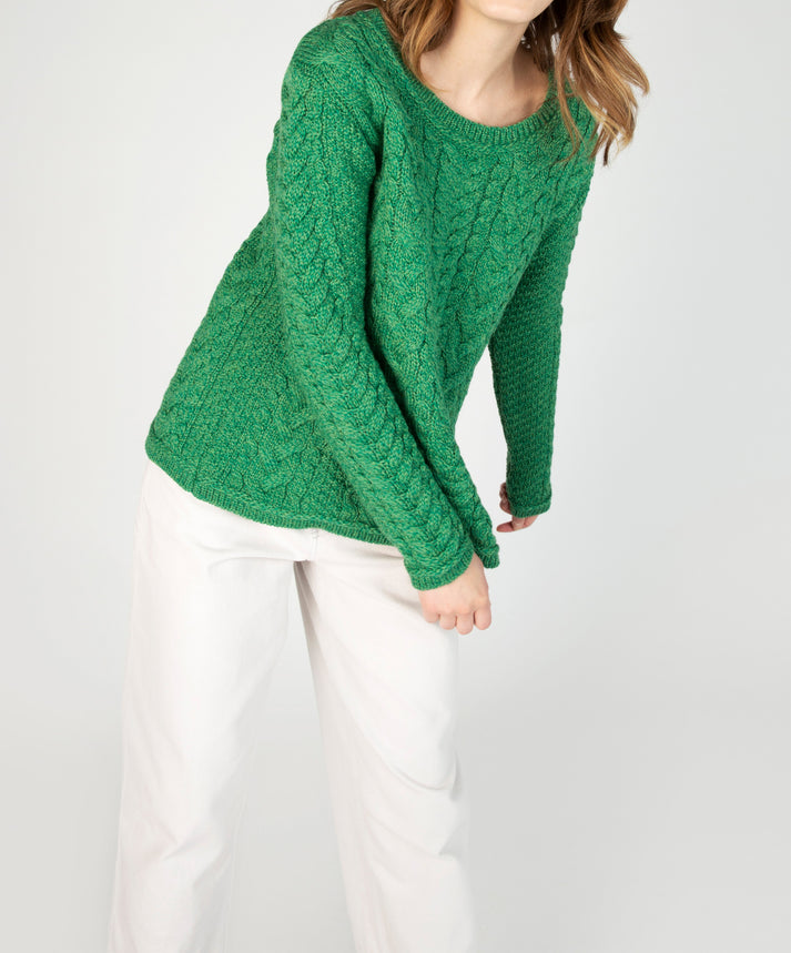 Womens Primrose Cable Round Neck Sweater - Green Marl - IrelandsEye ...