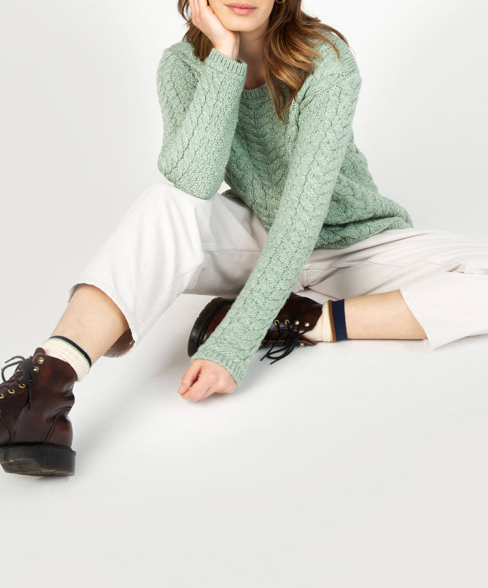 Womens Primrose A-Line Cable Round Neck Sweater - Sage Marl ...