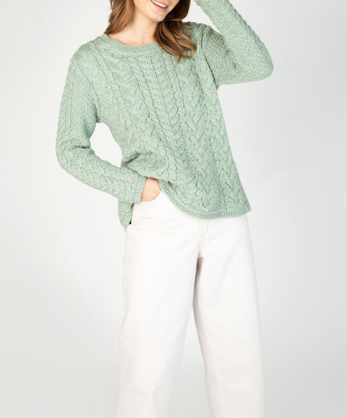 Womens Primrose A-Line Cable Round Neck Sweater - Sage Marl ...