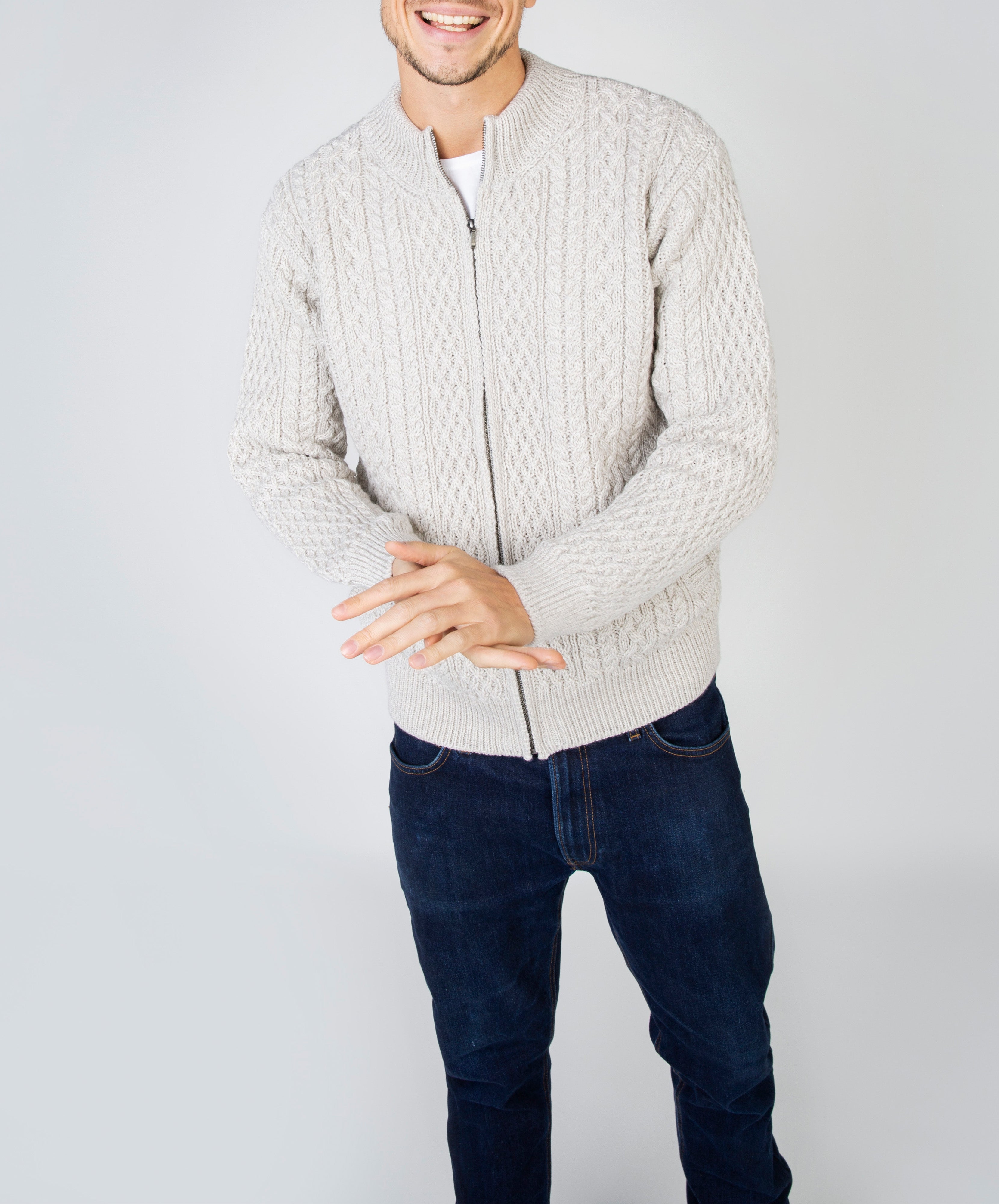 Aran Textured Zipped Cardigan Silver Marl IrelandsEye Knitwear