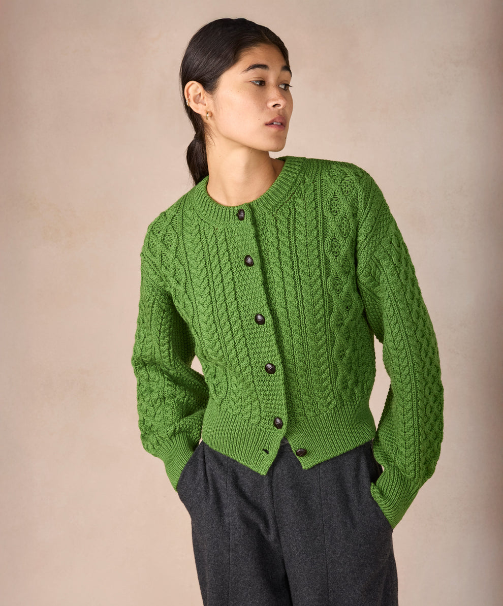 Womens Clover Cropped Aran Cardigan - Moss- IrelandsEye Knitwear