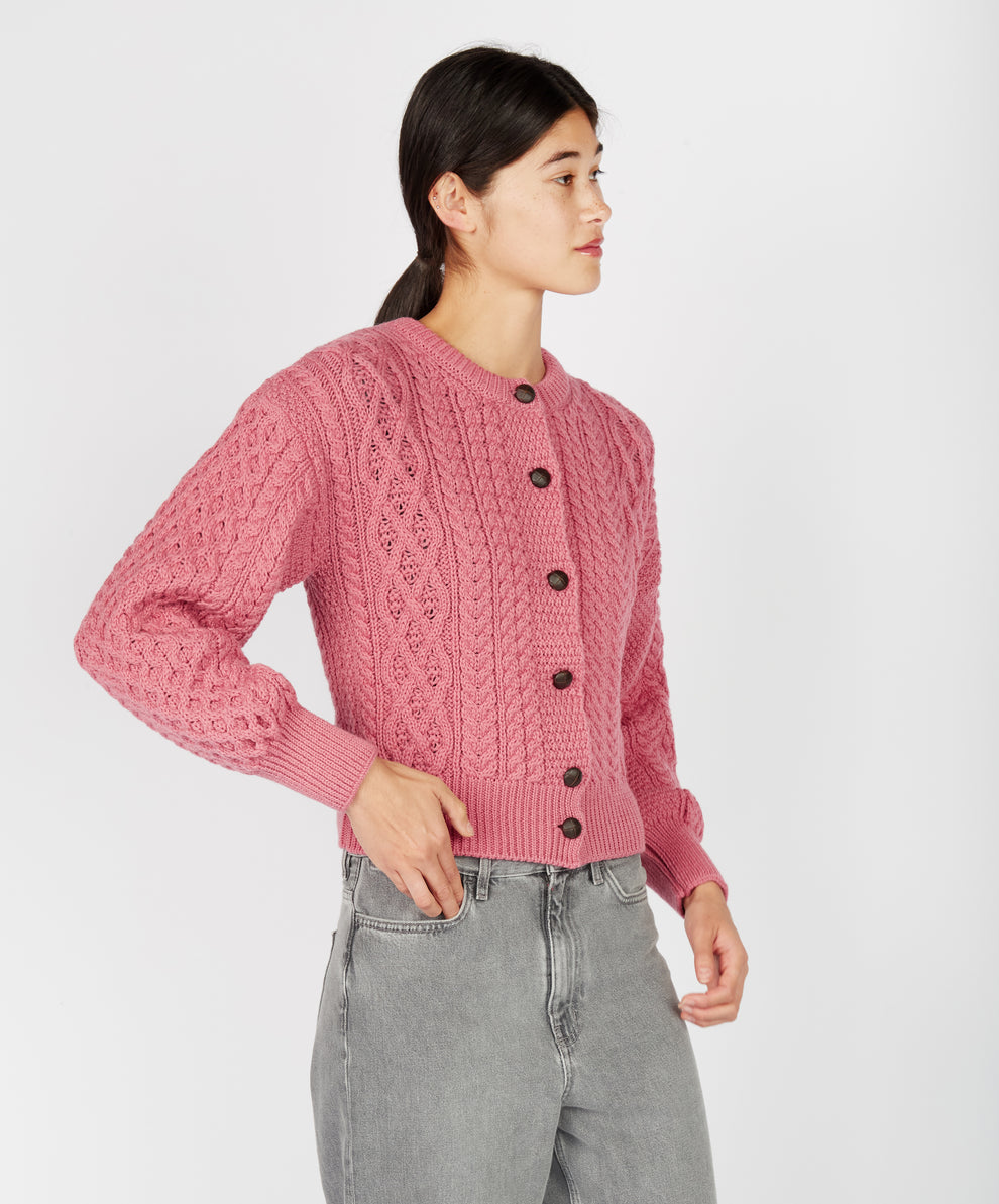 Women’s Clover Cropped Aran Cardigan | Rosa Pink - Pastel – IrelandsEye ...