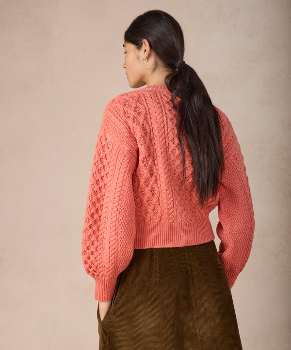 Womens Clover Cropped Aran Cardigan - Salmon- IrelandsEye Knitwear