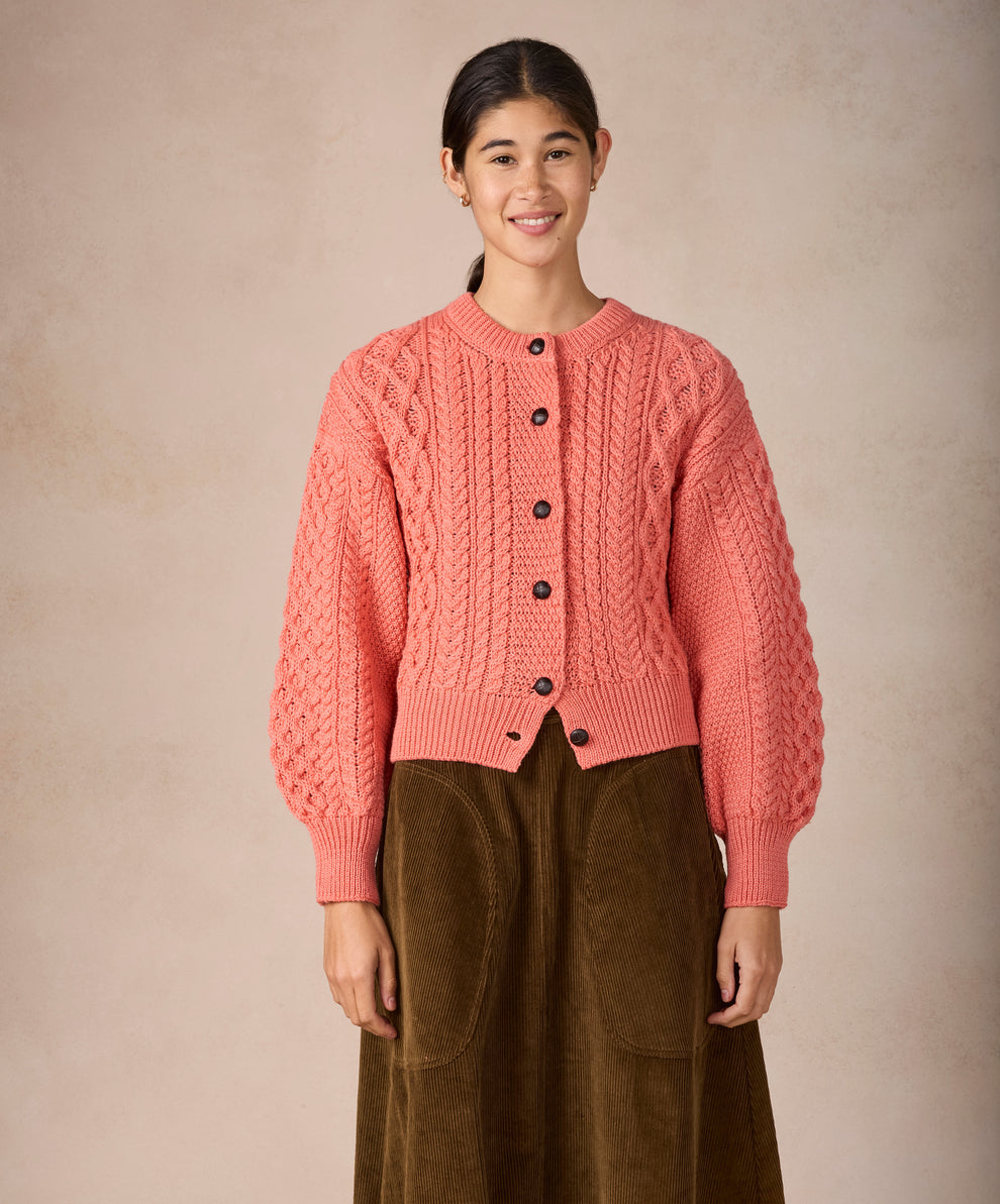 Womens Clover Cropped Aran Cardigan - Salmon- IrelandsEye Knitwear