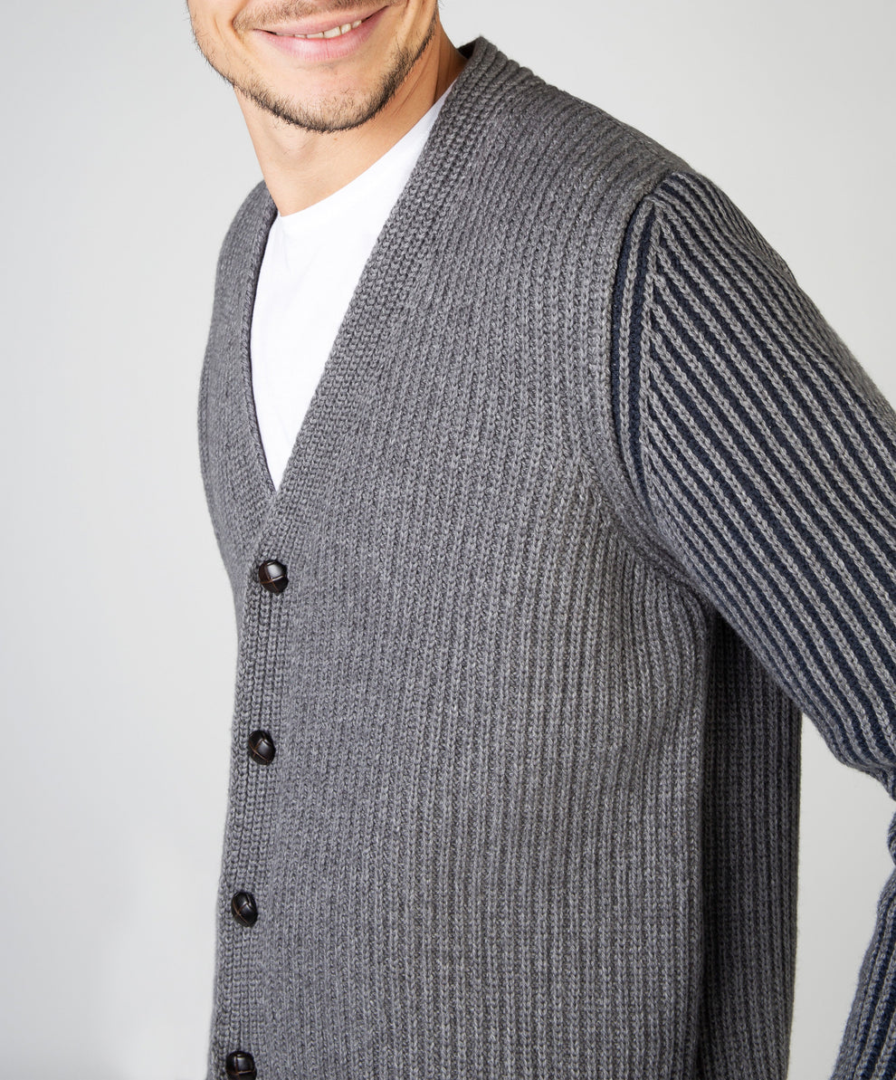 Mens Pinstripe Cardigan - Grey Frost - IrelandsEye Knitwear
