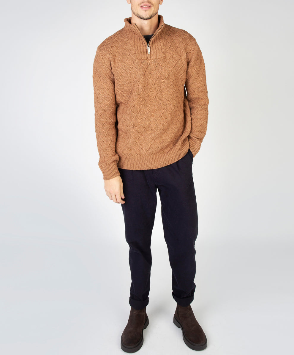 Mens Diamond Troyer Sweater - Nutmeg - IrelandsEye Knitwear