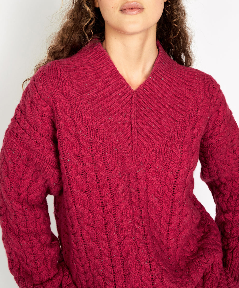 Mill Lane Cable V-neck Sweater Bramble Berry IrelandsEye Knitwear