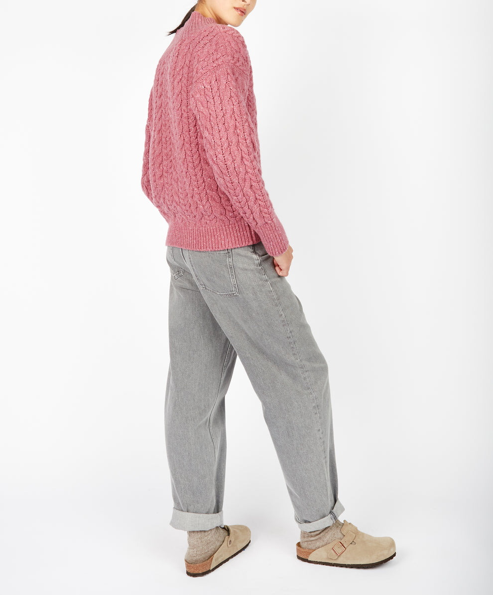Mill Lane Cable V-neck Sweater Bubblegum pink - IrelandsEye Knitwear
