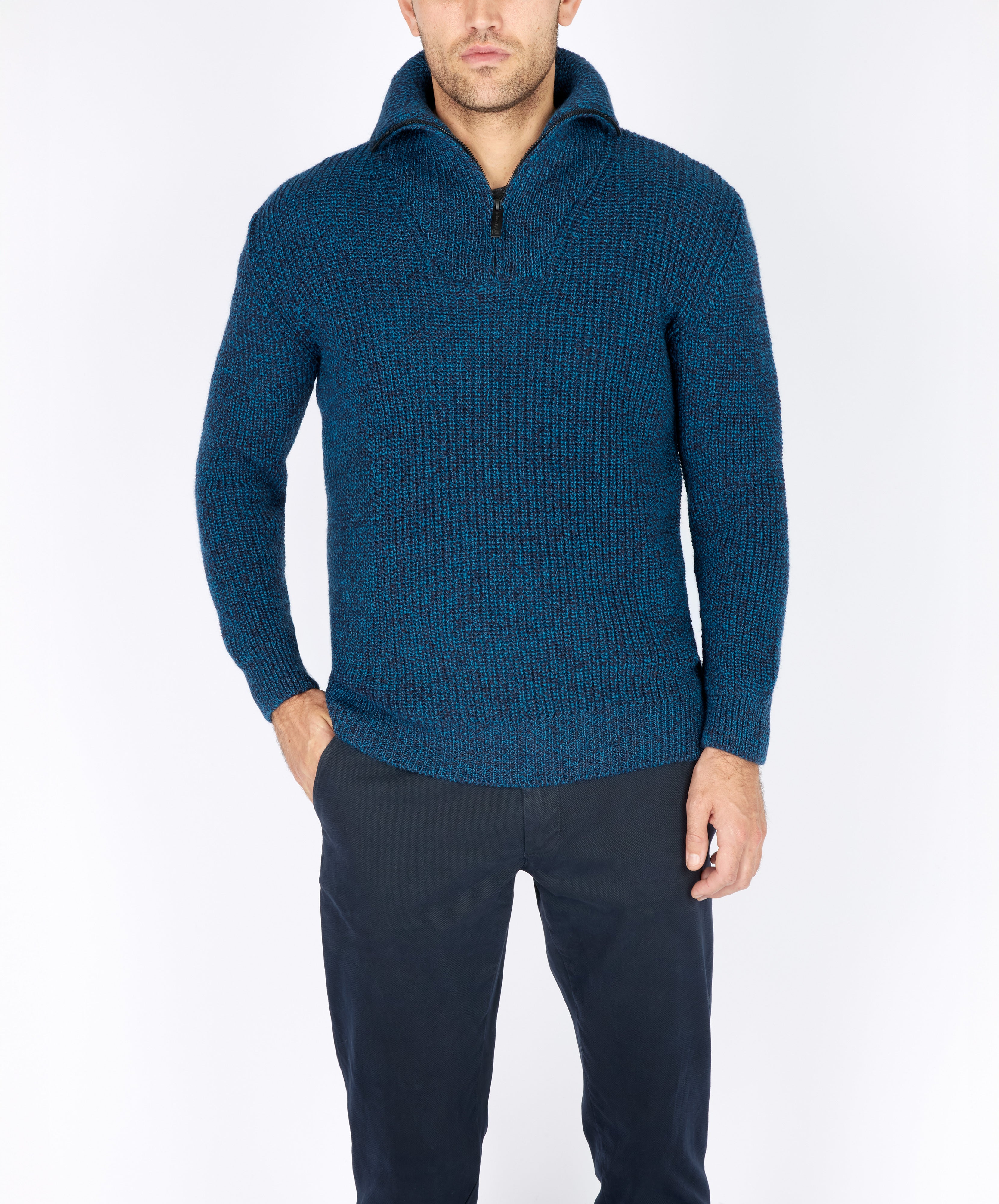Mens Owenroe Ribbed Troyer Sweater Petrol Marl IrelandsEye Knitwear